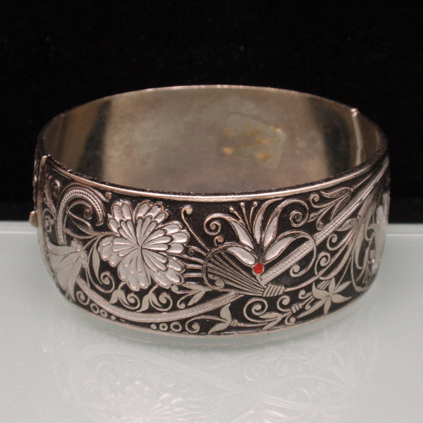 Hinged Bangle Bracelet 1 Wide Ornate Flowers Design Vintage World of Eccentricity Charm